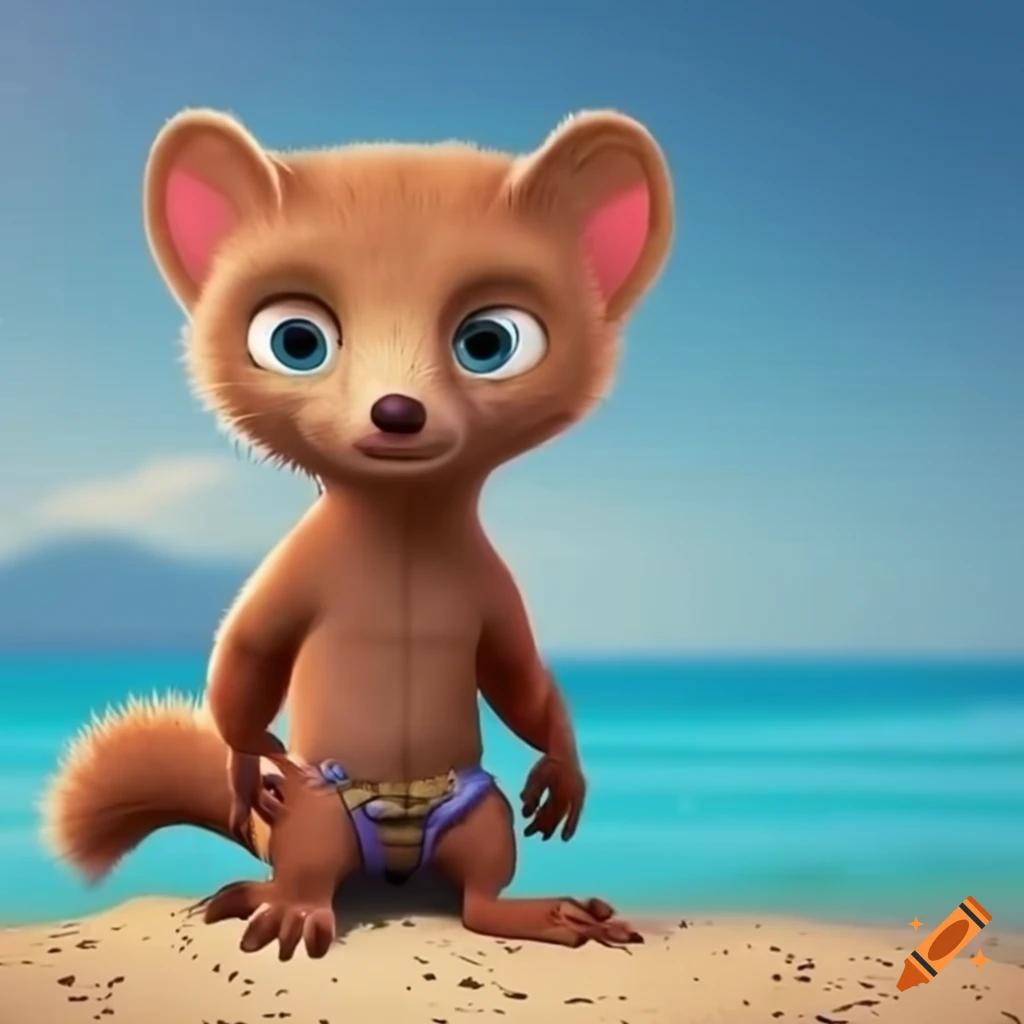 Cute pine marten character on the beach on Craiyon