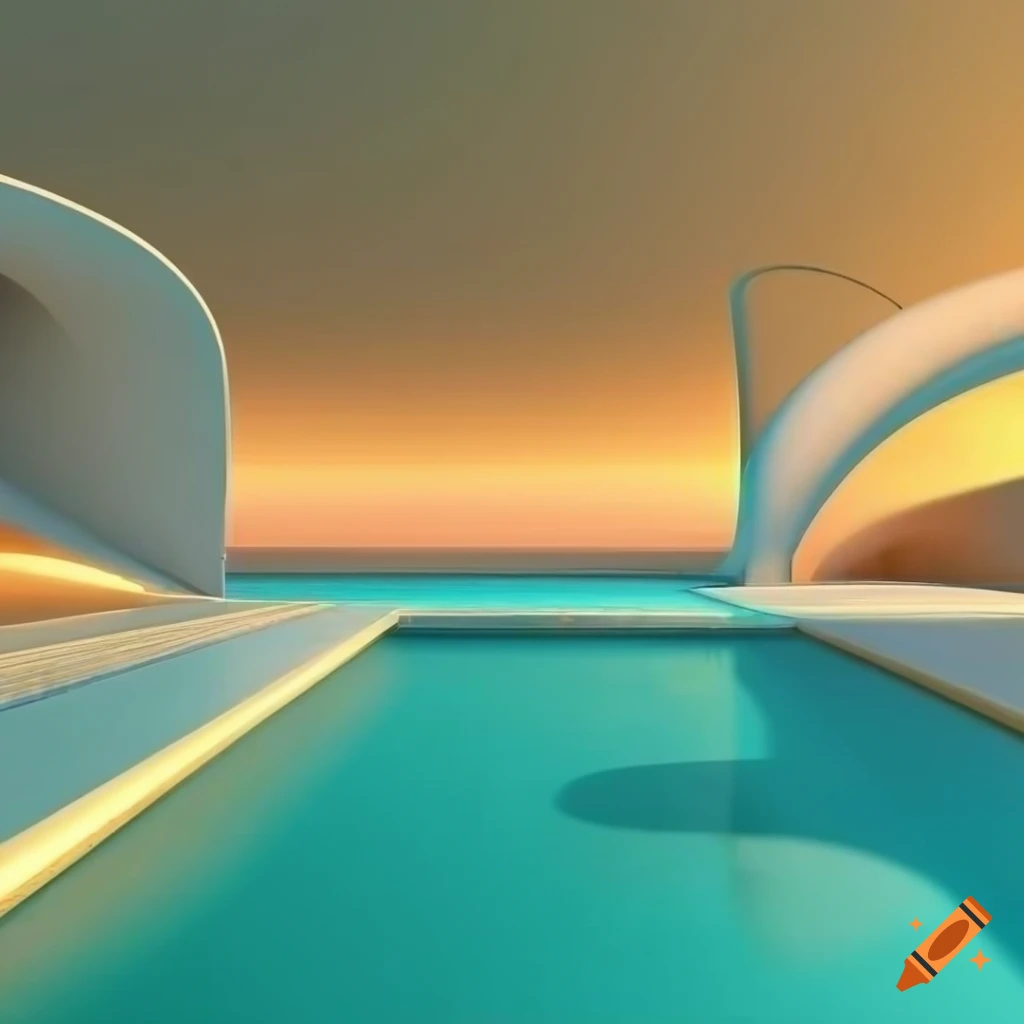 3d rendered surreal spa architecture with pools and curvy forms