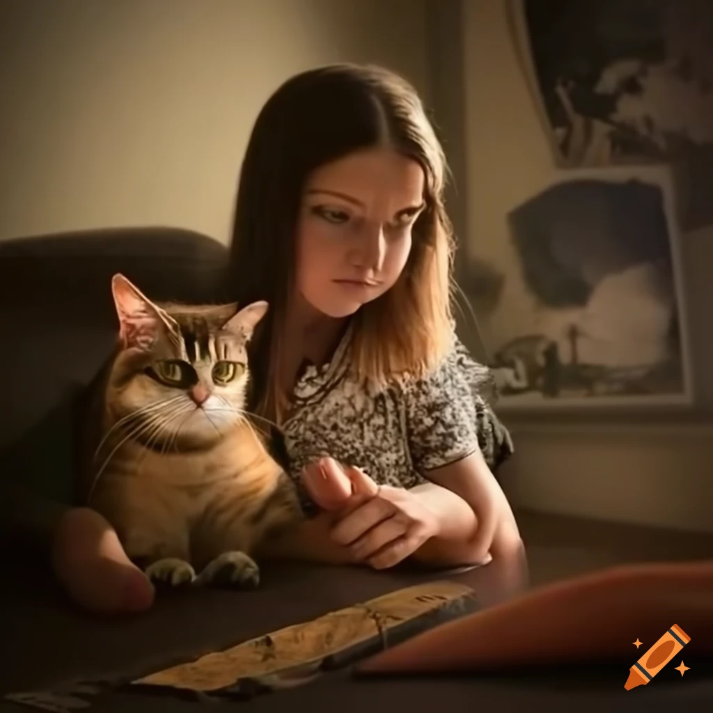 Artwork of Emaa and her cat discussing a mysterious map on Craiyon