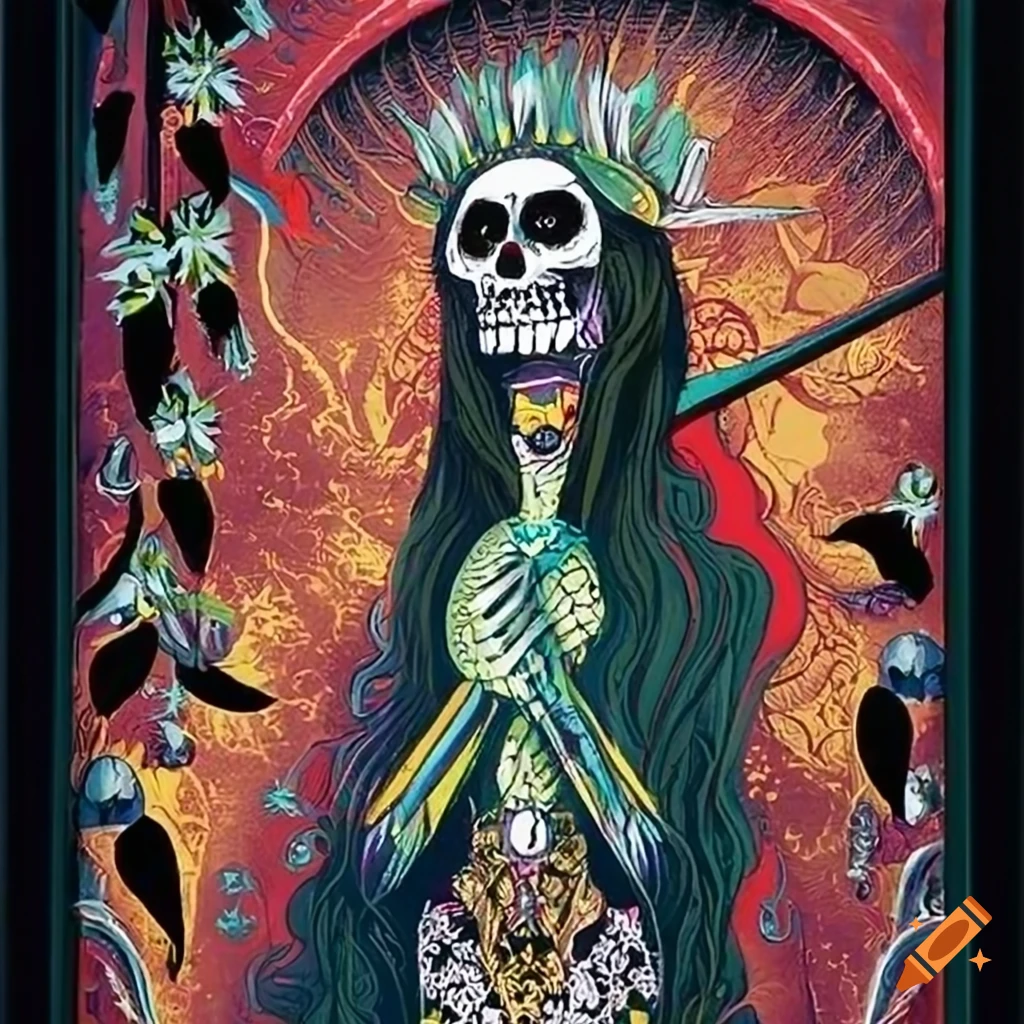 Graphic art of baba yaga santa muerte with mayan totem poles on Craiyon