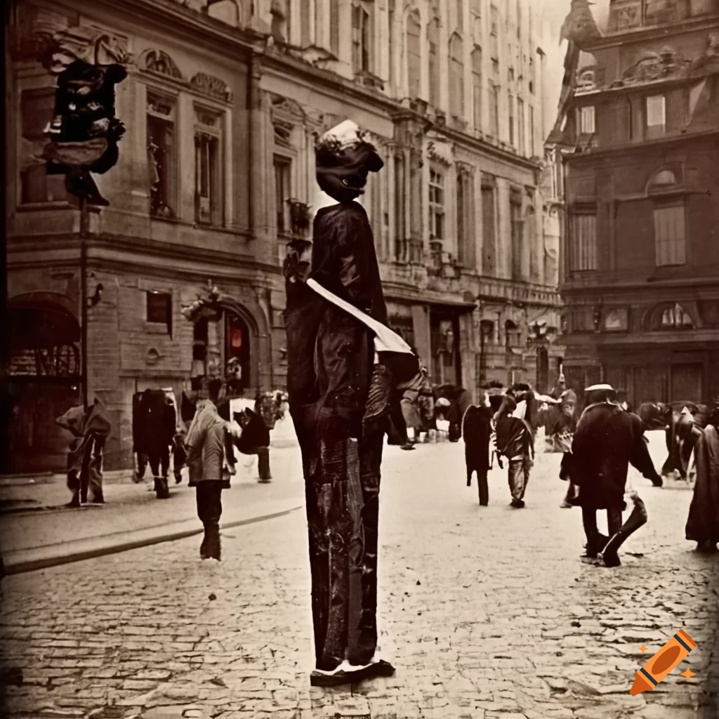 Photograph of a giant walking in a 19th century european city