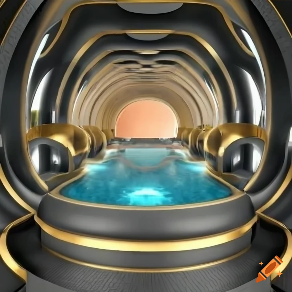 Surreal 3d rendered living room with pool hallway on Craiyon