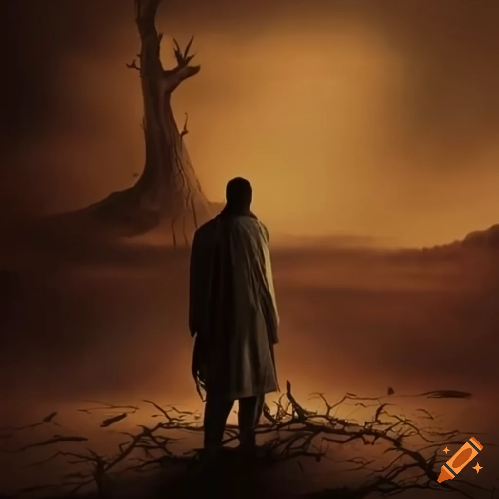 Man standing in a desolate hellscape on Craiyon