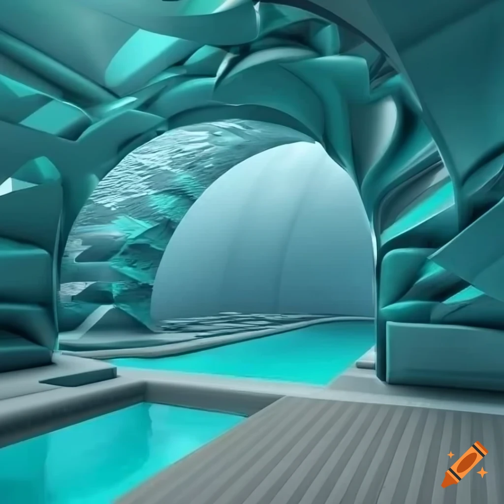 Surreal 3d rendered spa with underwater hallway and waterfalls on Craiyon
