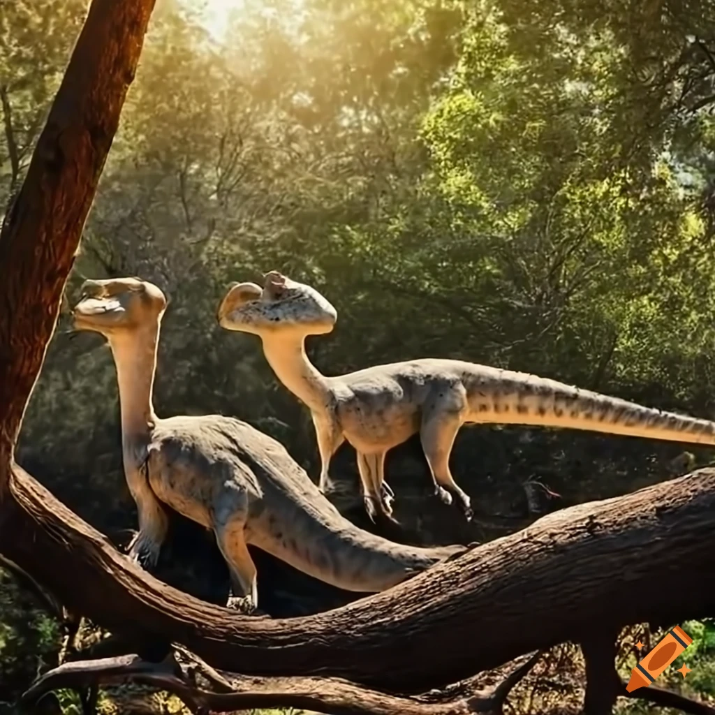 Three intricate hadrosaurs in a british columbia forest clearing on Craiyon