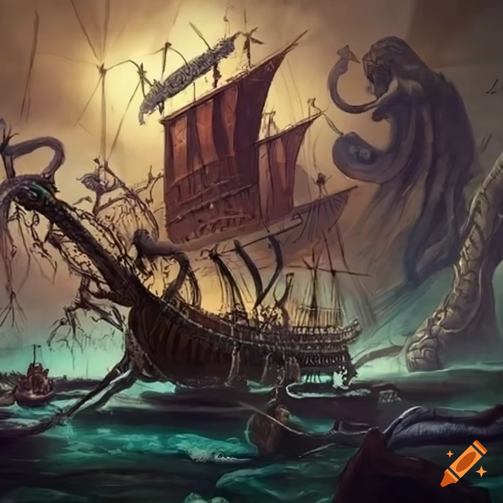 Epic battle between a Roman ship and Cthulhu on Craiyon