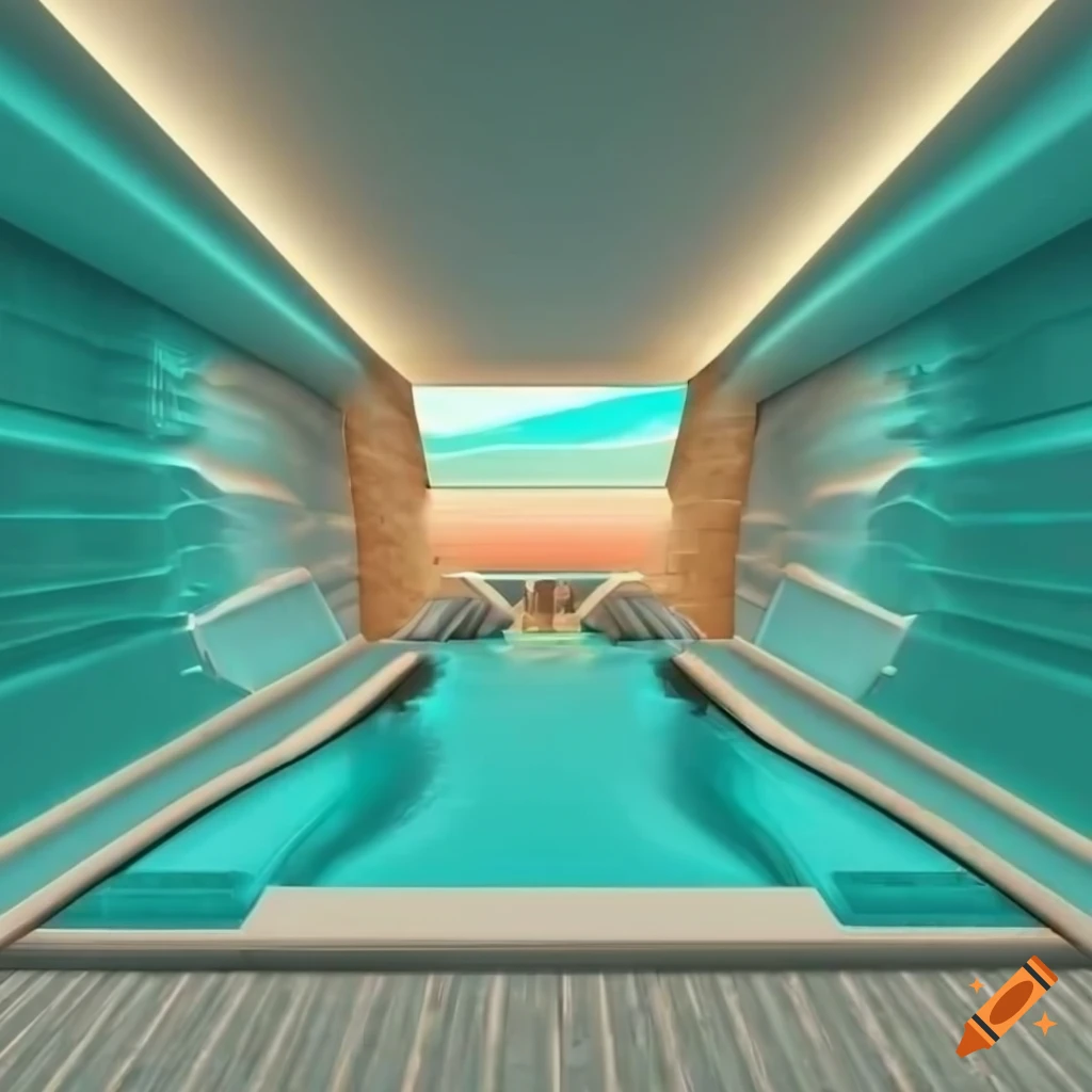 Surreal 3D rendered spa interior with water features on Craiyon