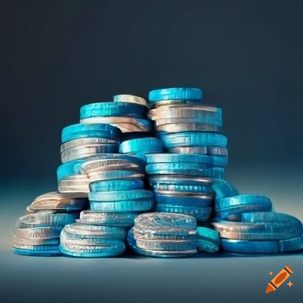 Giant sky blue metal coins stacked together on Craiyon