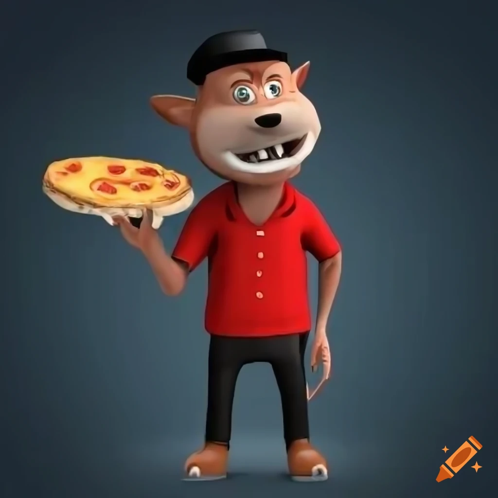 3D cartoon of a smiling wolf man with a cheese pizza on Craiyon