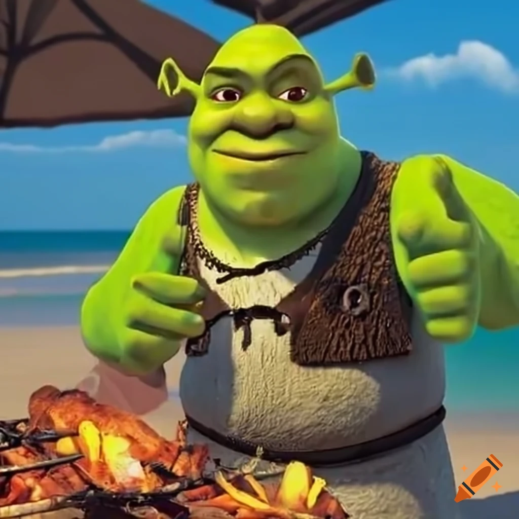 Funny cartoon of shrek cooking barbecue at the beach on Craiyon