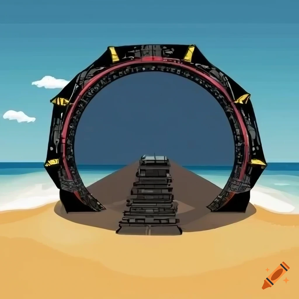 Cartoon rendering of a stargate on a sunny beach