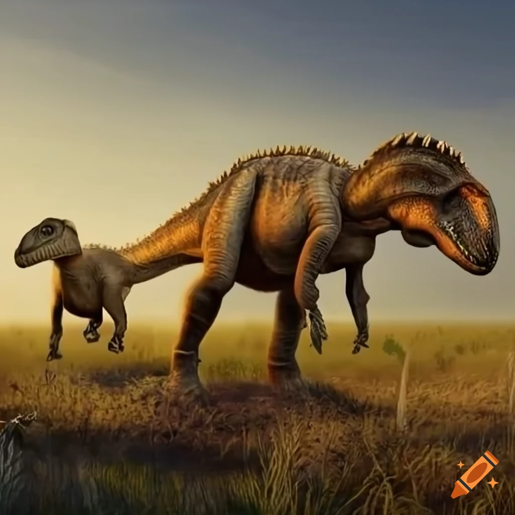 Three hadrosaurus dinosaurs in a fern-covered field with cedar forest ...