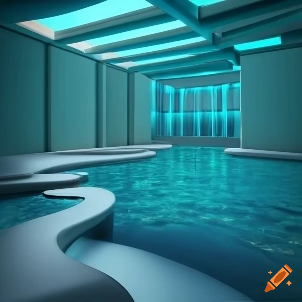 Surreal architecture spa with pools and waterfalls on Craiyon