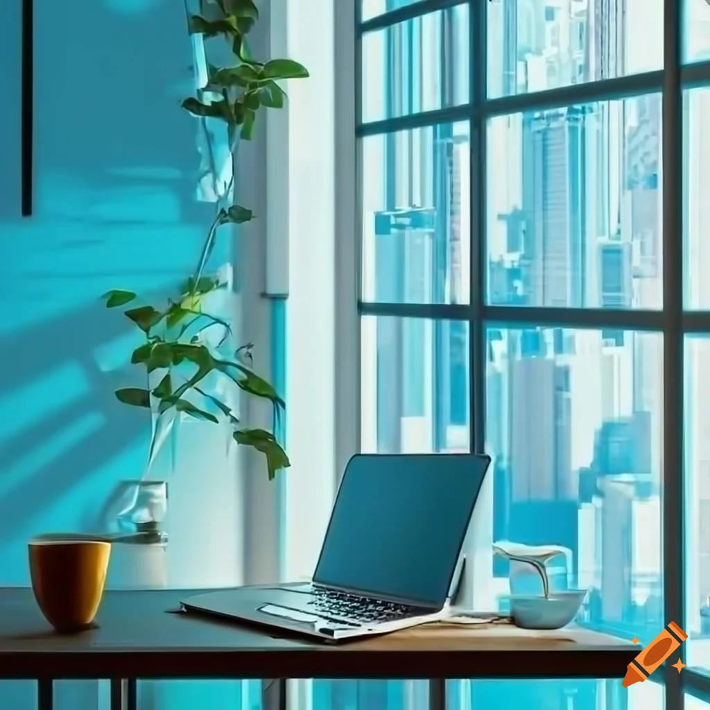 Commercial office interior with laptop, notebook, and coffee mug on a ...