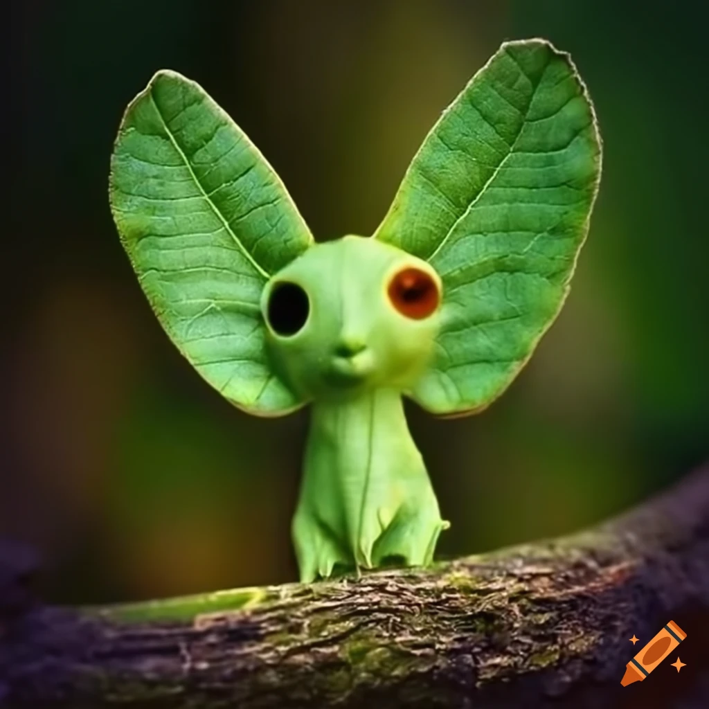 Illustration of a tiny leaf imp hiding behind a tree leaf on Craiyon