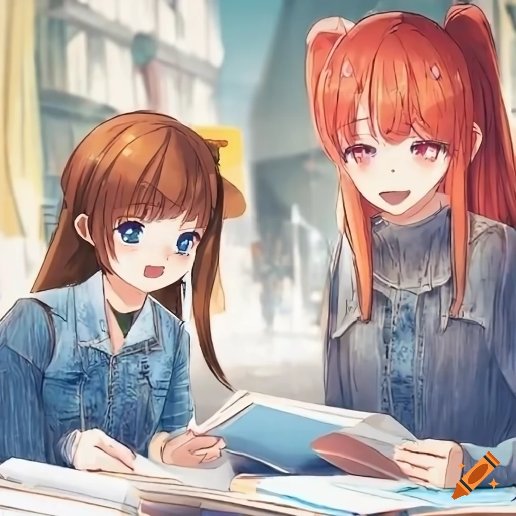 Anime girls in denim discussing books on a rainy day on Craiyon