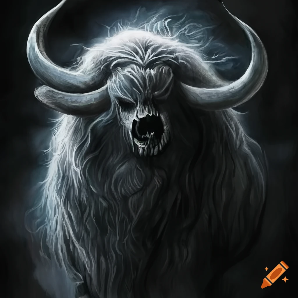 Detailed pencil sketch of ghost buffaloes in stormy sky on Craiyon