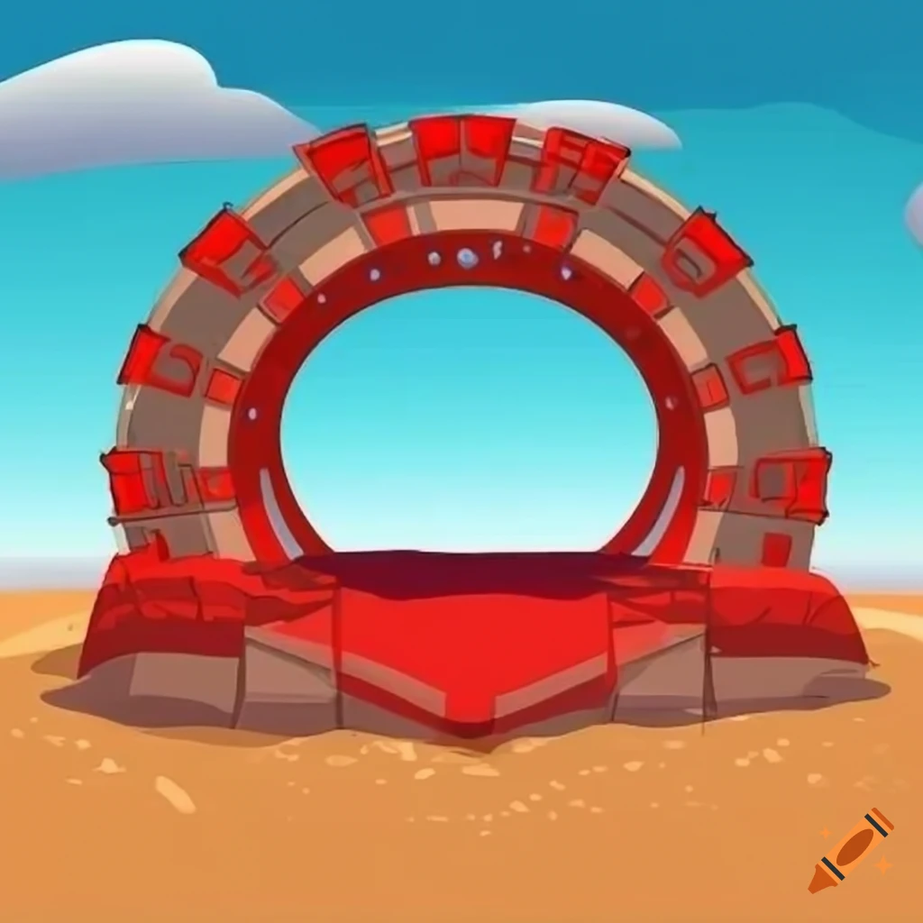 Cartoonish red stargate on a sunny beach on Craiyon