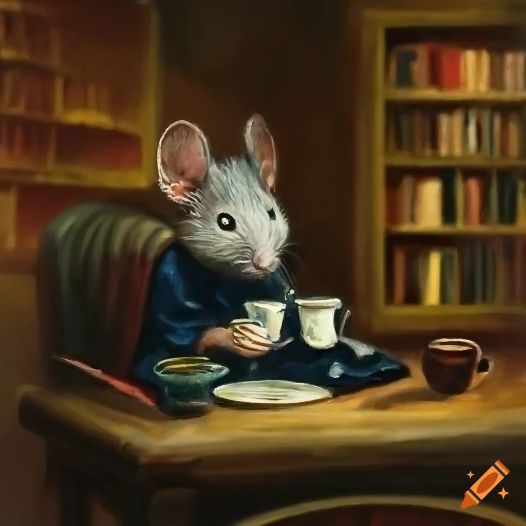 Oil painting of a mouse drinking tea in a library