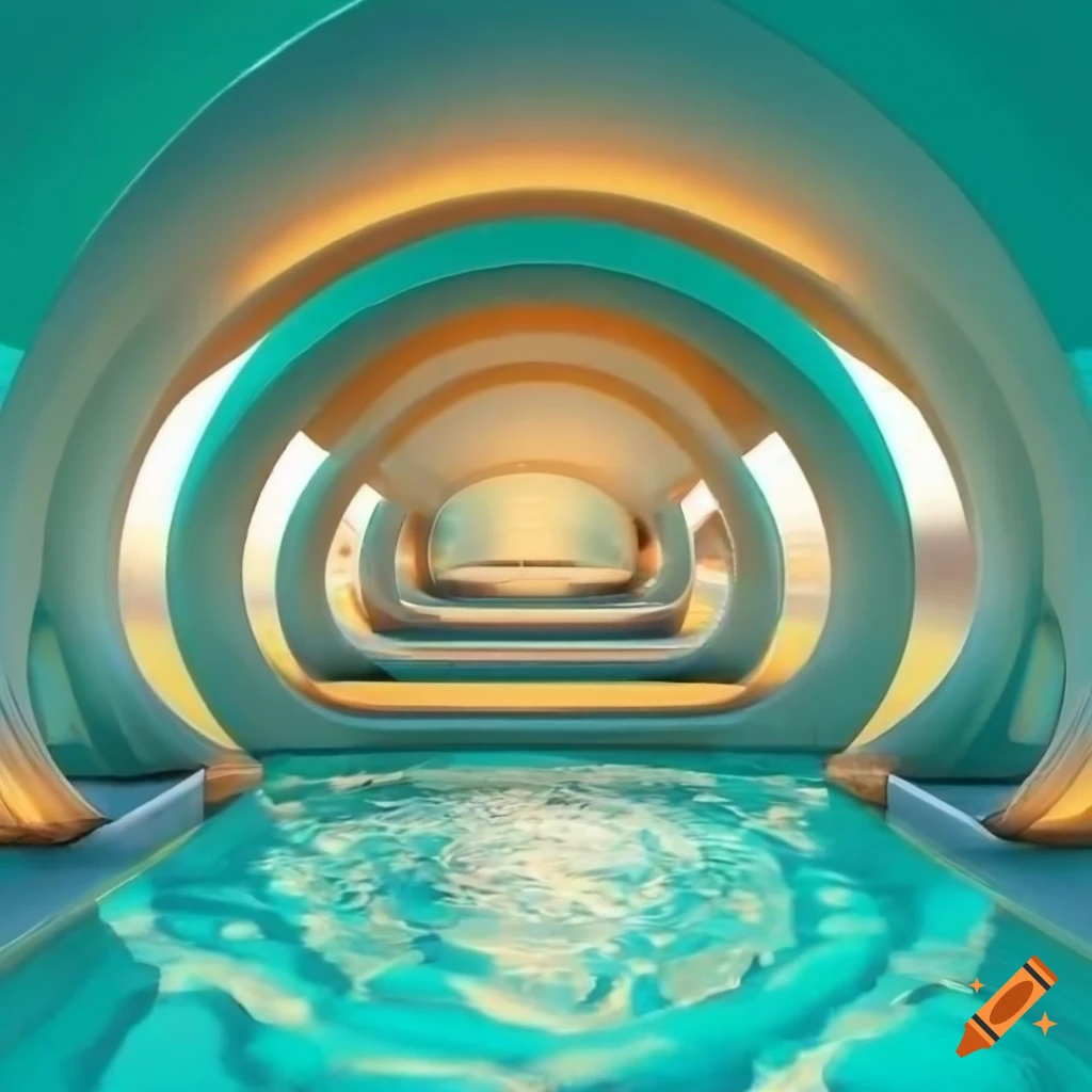 Surreal architecture spa with pools and waterfalls