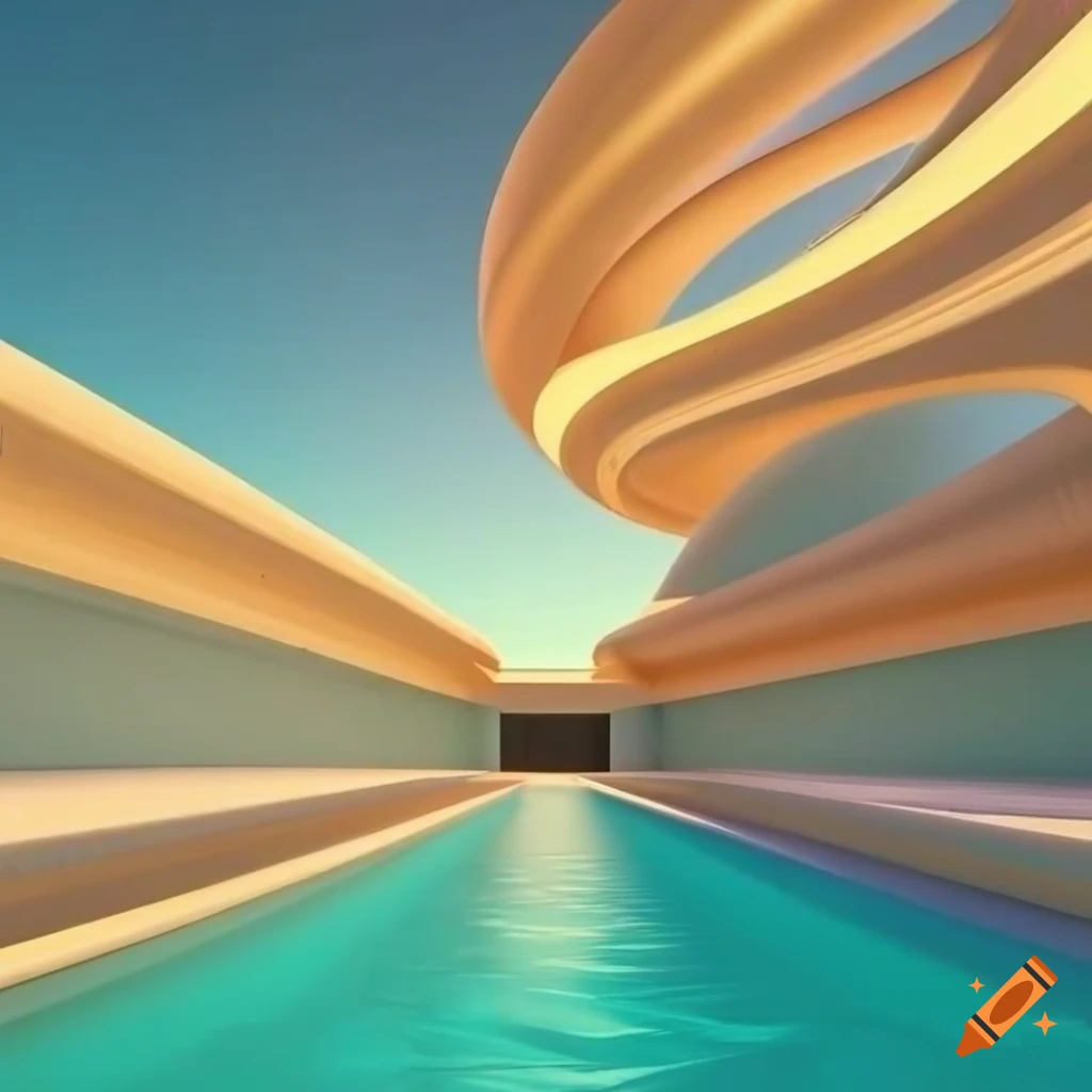 3d rendered surreal spa architecture with pools and curvy forms on Craiyon