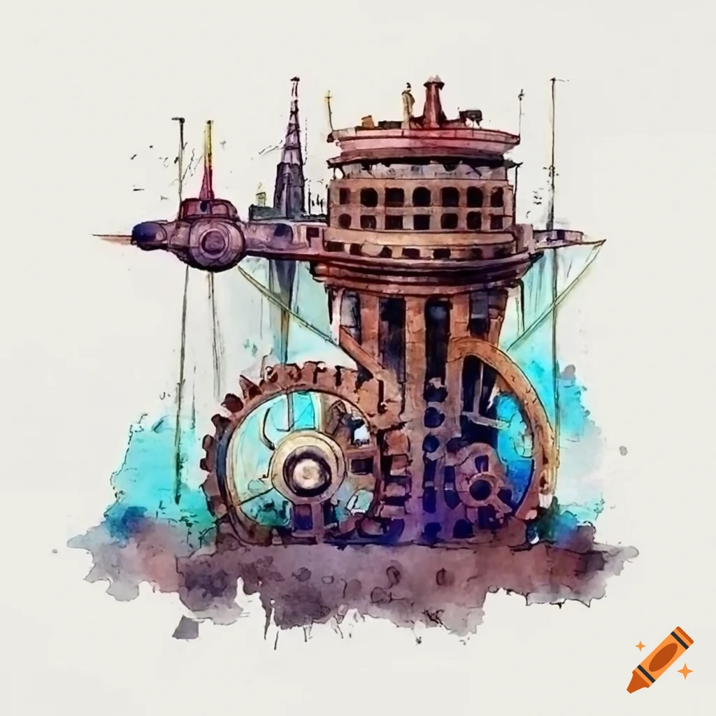 Image of a steampunk flying city with gears and a waterfall on Craiyon