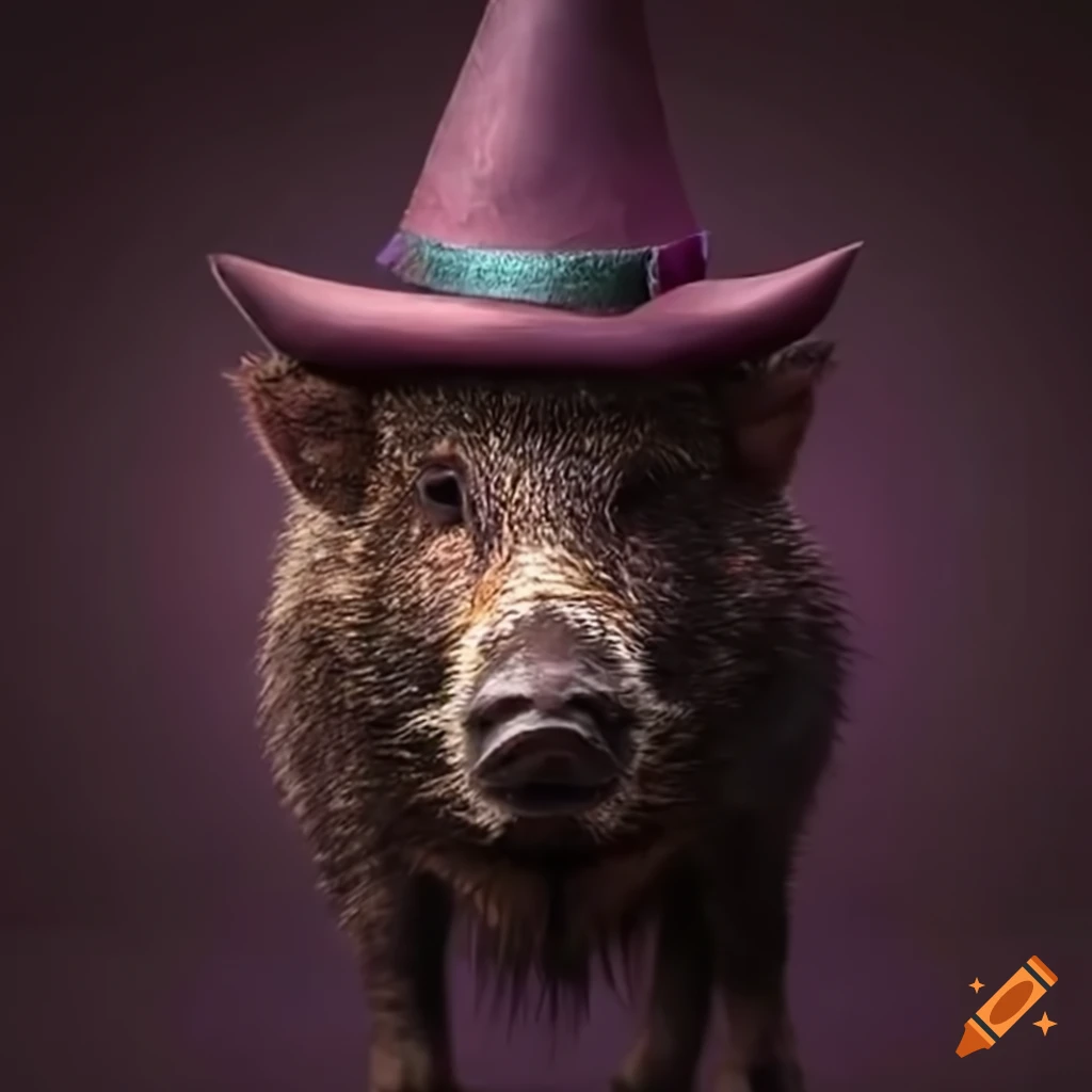 Cute wild boar wearing a witch hat on Craiyon