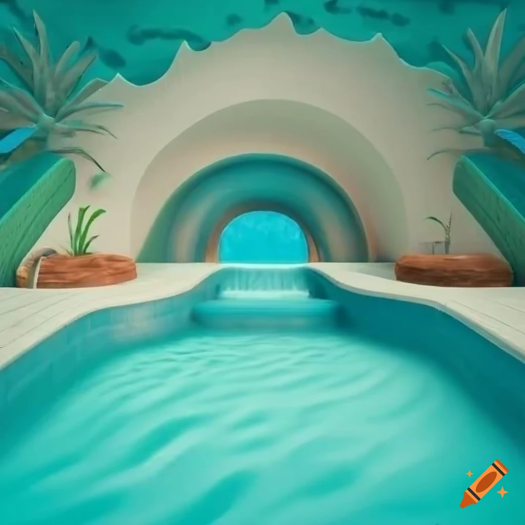 Surreal 3d rendering of an underwater spa with waterfalls on Craiyon