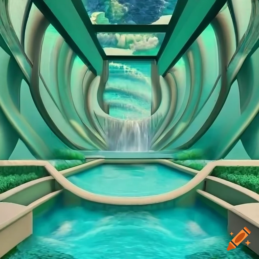 3d rendered surreal architecture of spa interior with pools and ...