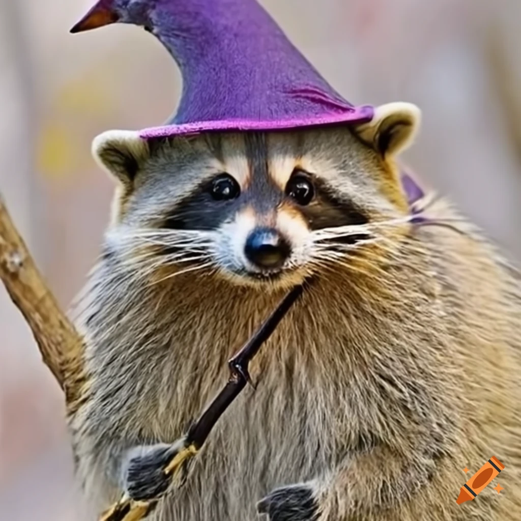 Raccoon in a witch hat and cape