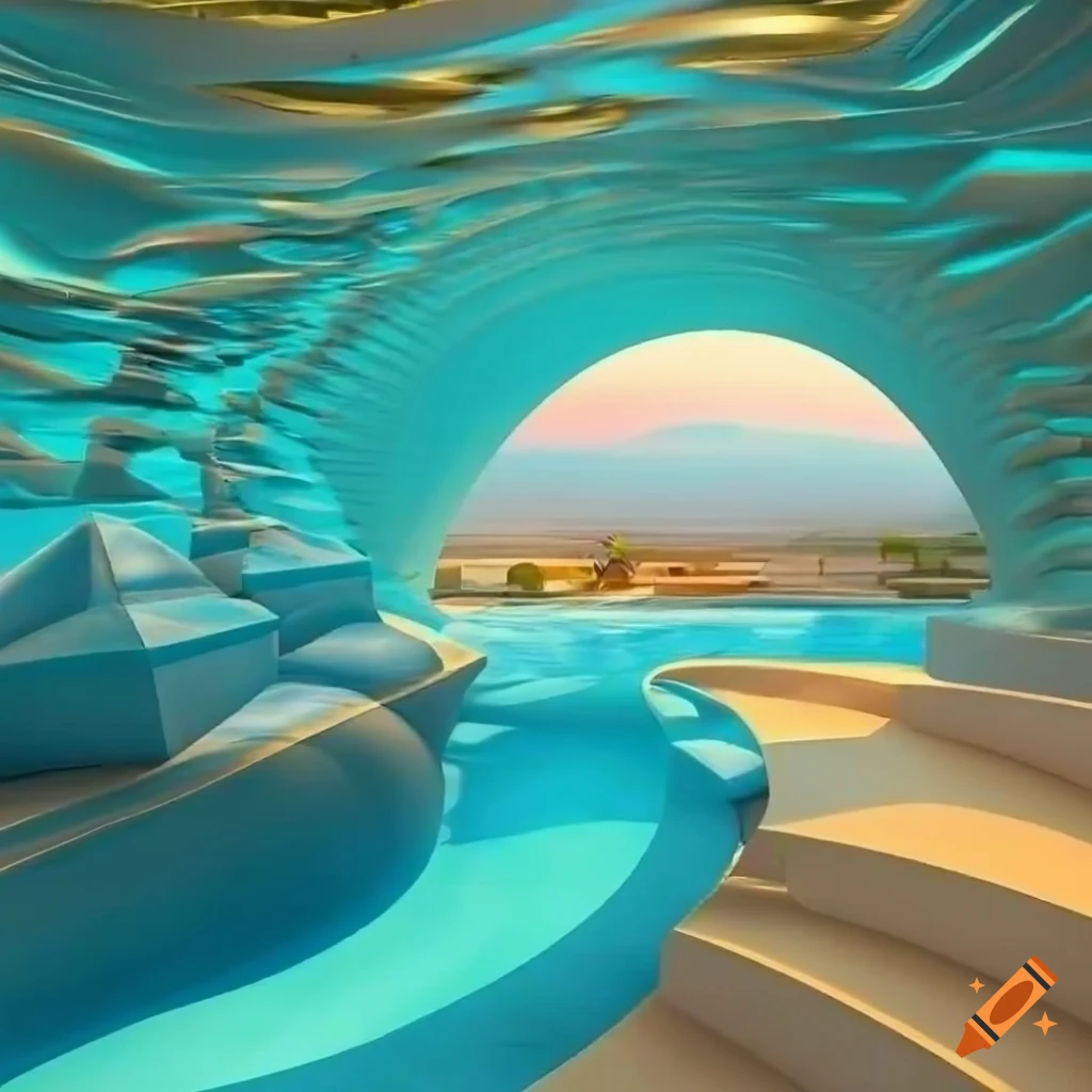 3D rendered architectural spa with underwater hallway and waterfalls on ...