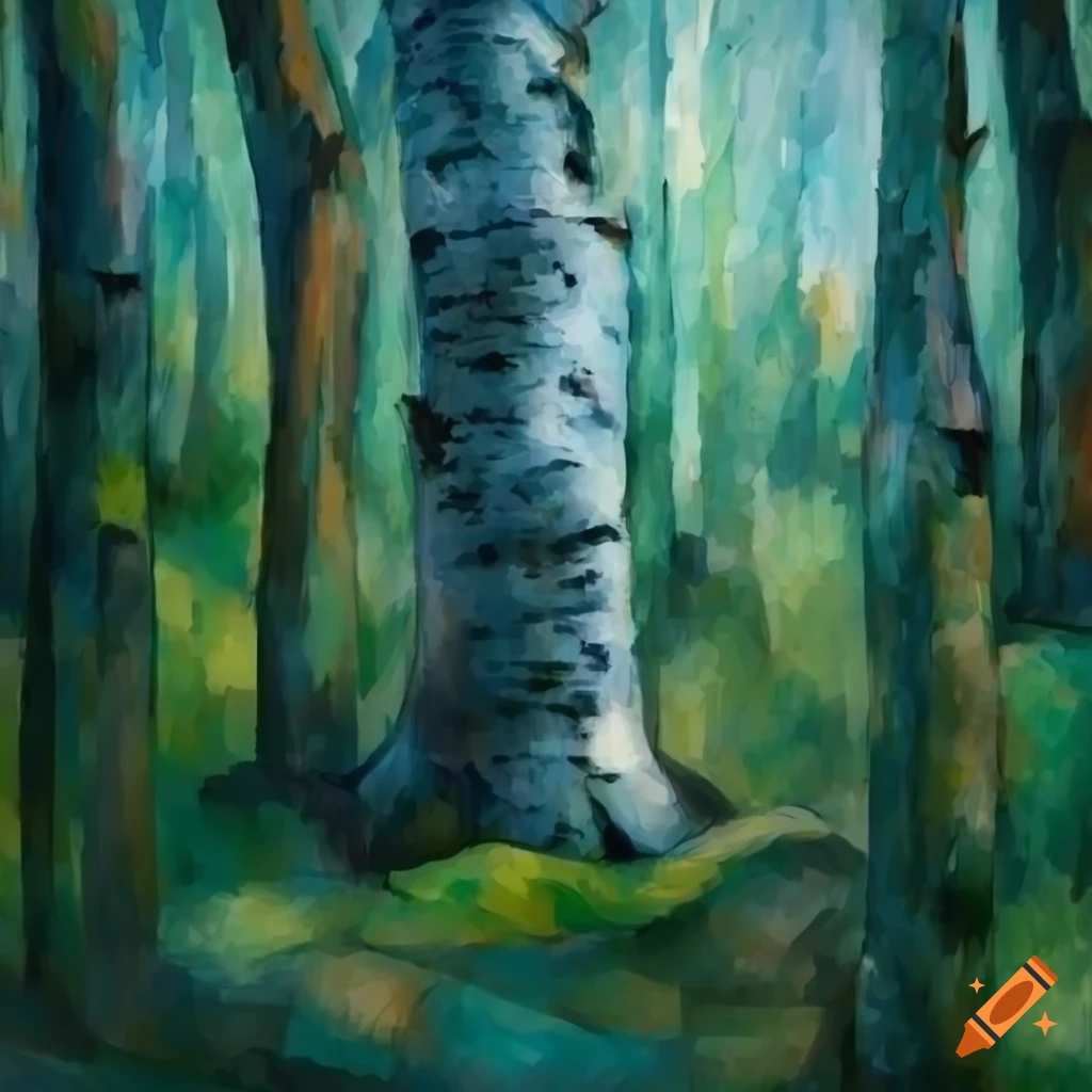 Painting of a strong birch tree in an enchanted forest on Craiyon