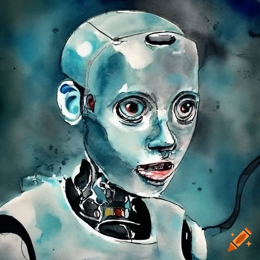 Ink and watercolor depiction of humanoid robots in degas style on Craiyon