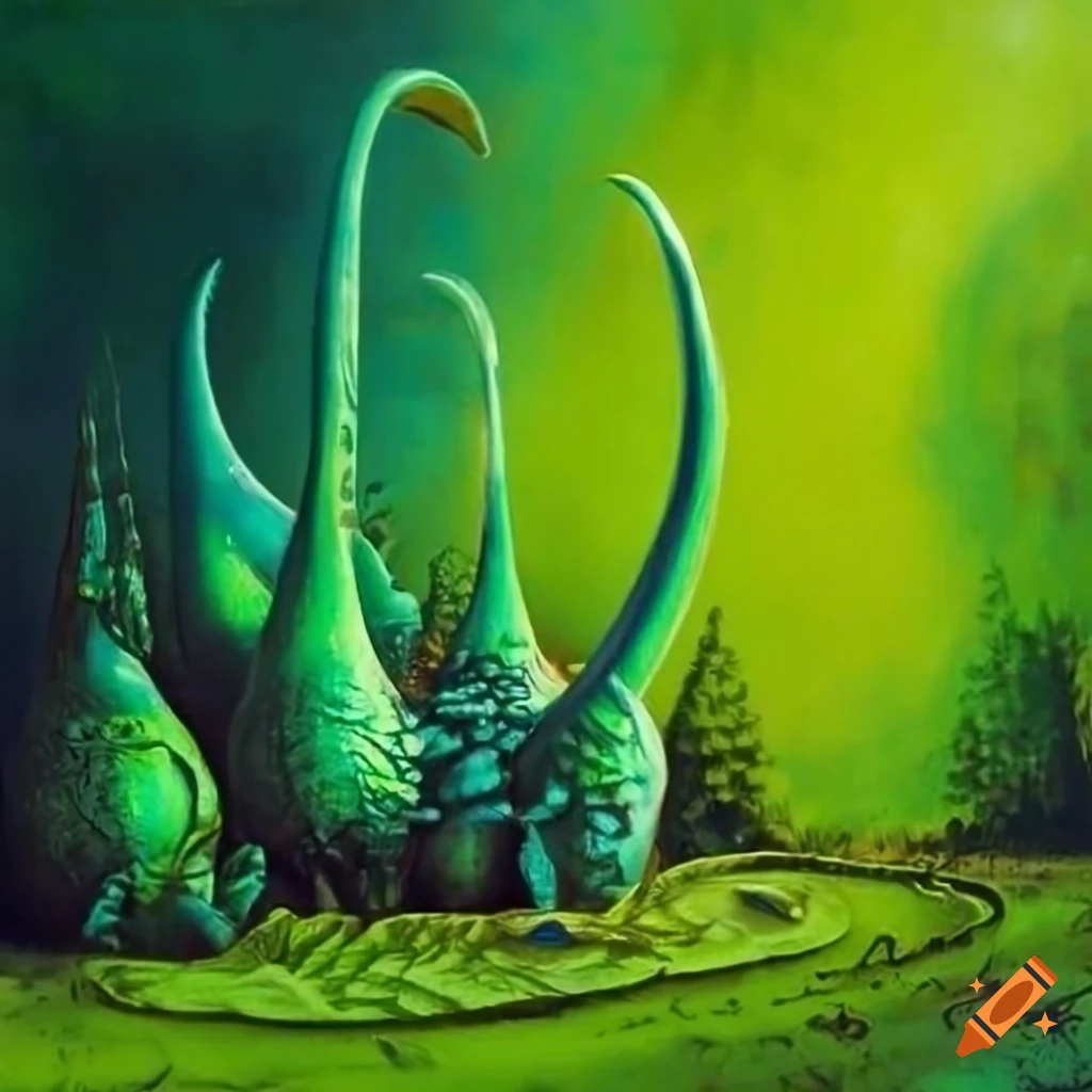 Art of green carnivorous plants in a 70s sci-fi style on Craiyon