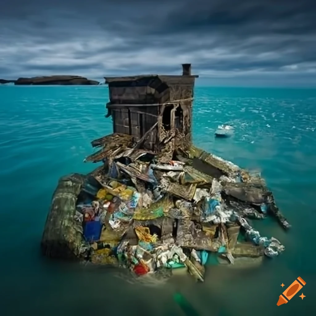 Image of a decrepit pirate watchtower on a floating trash island