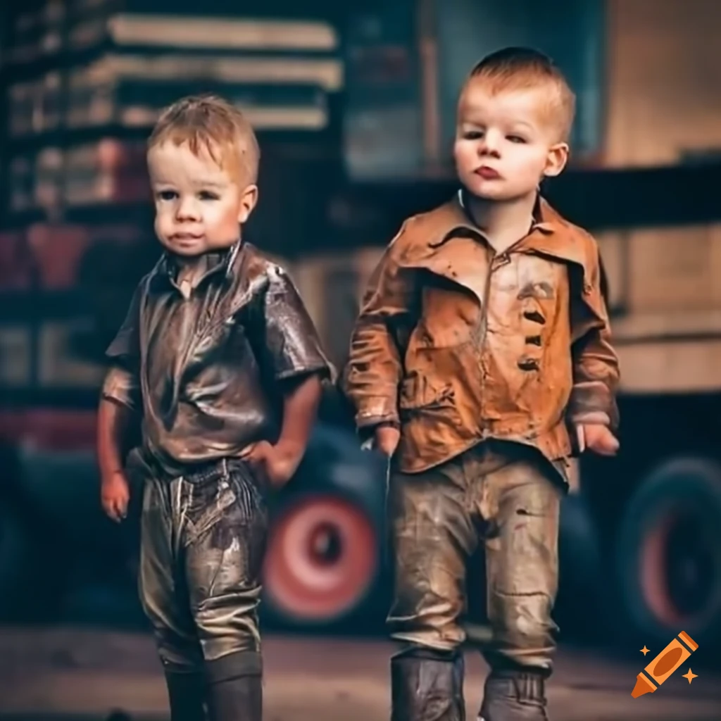 Two toddler boys dressed as truckers in a truck depot on Craiyon