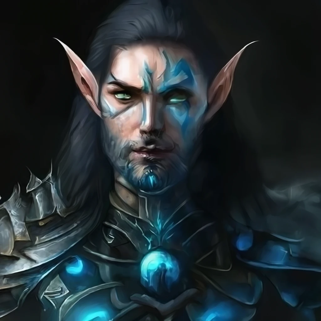 Art of a blue raven tattooed elf with metal armor
