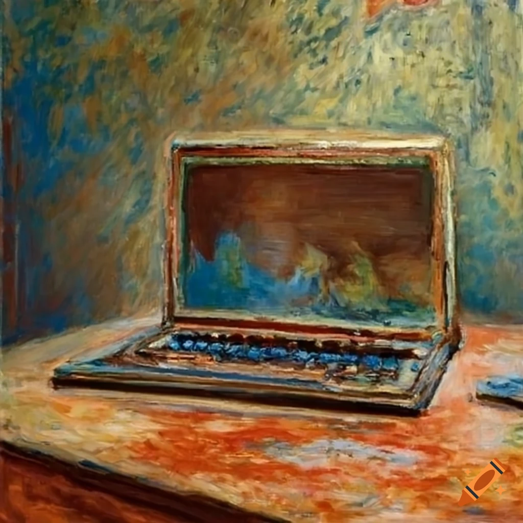 Claude Monet's portrayal of a laptop on an office desk on Craiyon