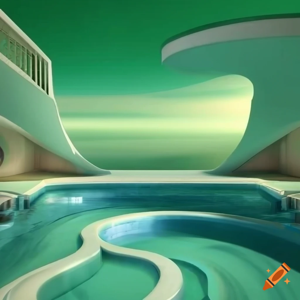 3d rendered architecture spa with flowing curvy forms and pools on Craiyon