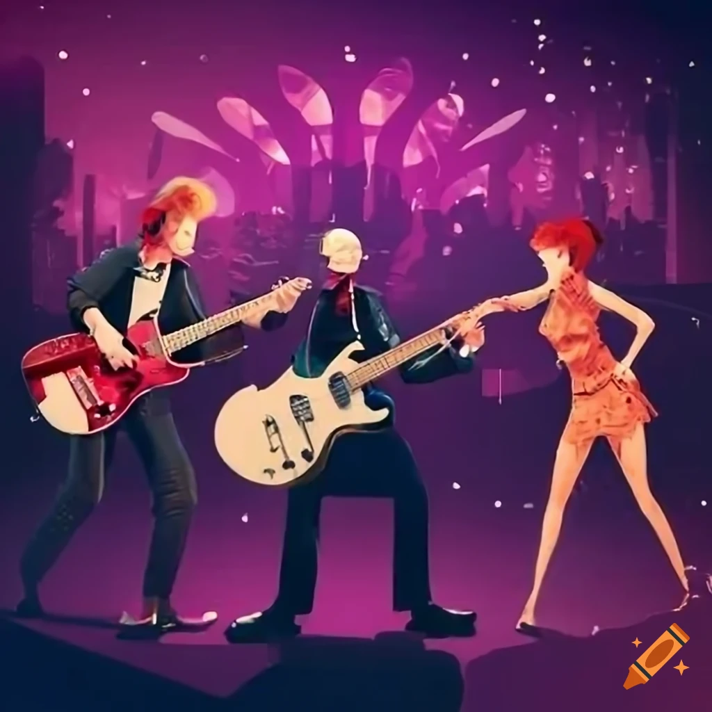 Joyful group of rock musicians performing