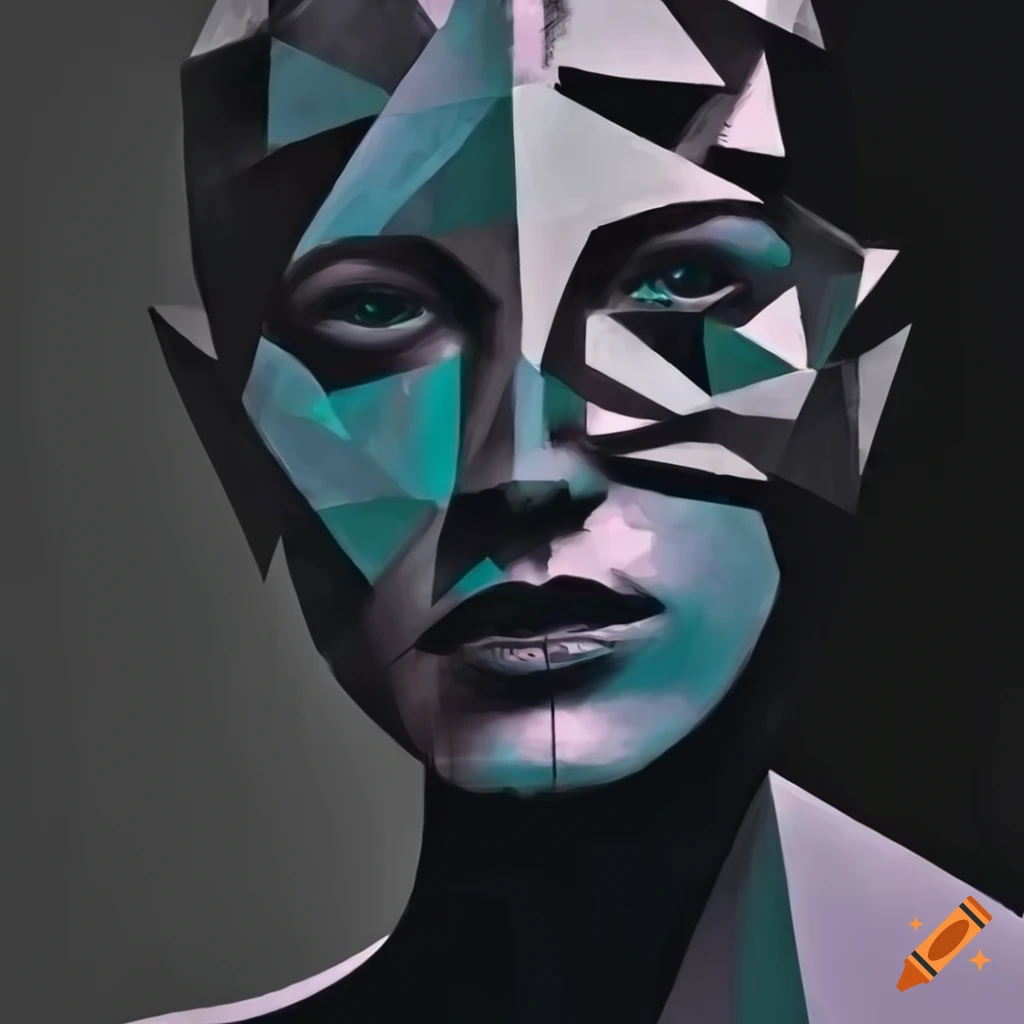Abstract artwork of woman's face merging with a cubist cathedral