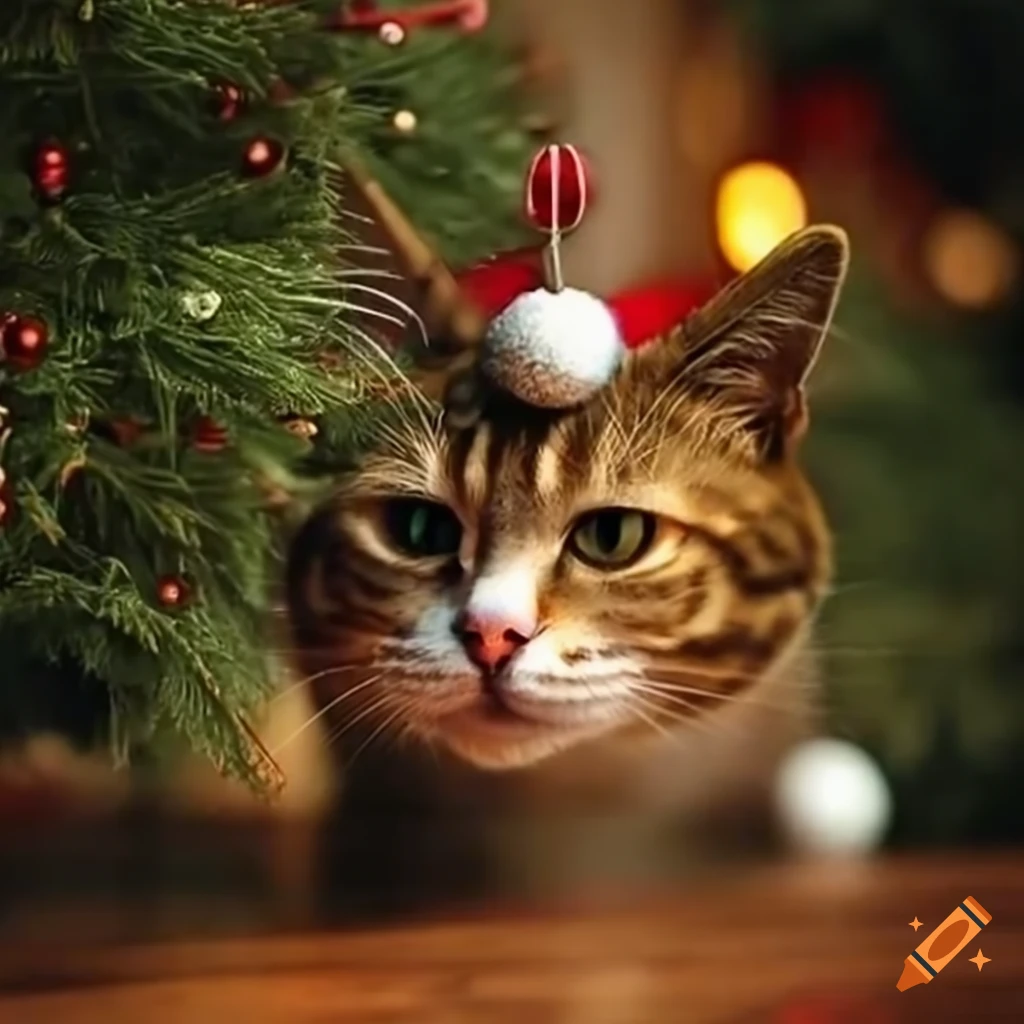 Fluffy red cat sitting next to a christmas tree on Craiyon