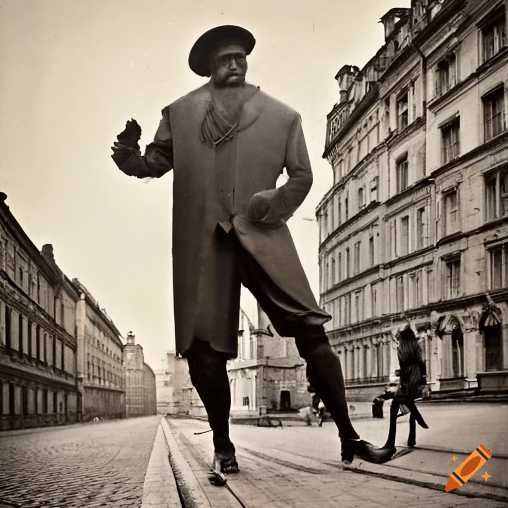 Photograph of a giant walking in a 19th century European city on Craiyon