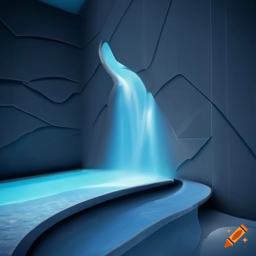 Architectural render of poolrooms with flowing waterfalls on Craiyon