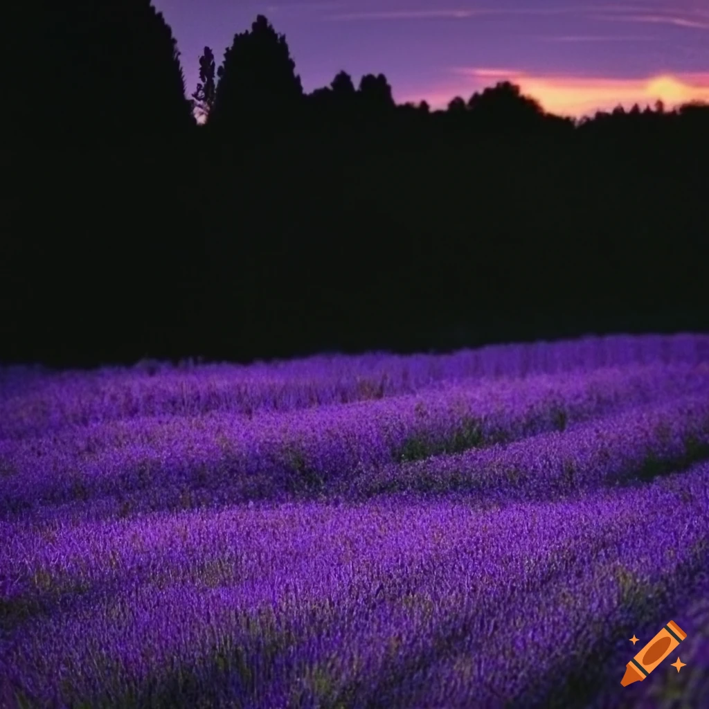 Colorful lavender fields, hills, and juniper trees in a vibrant landscape on Craiyon