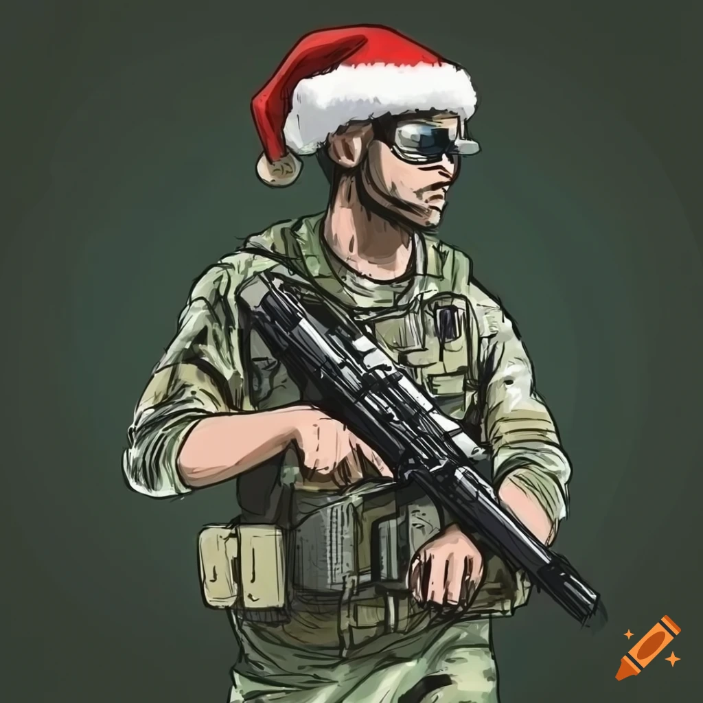 Sketch of military operator wearing nvg and santa hat on Craiyon