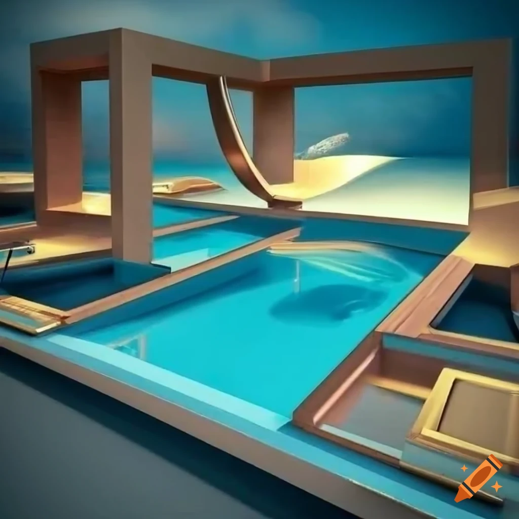 3d rendered architecture spa with pools and waterfalls on Craiyon