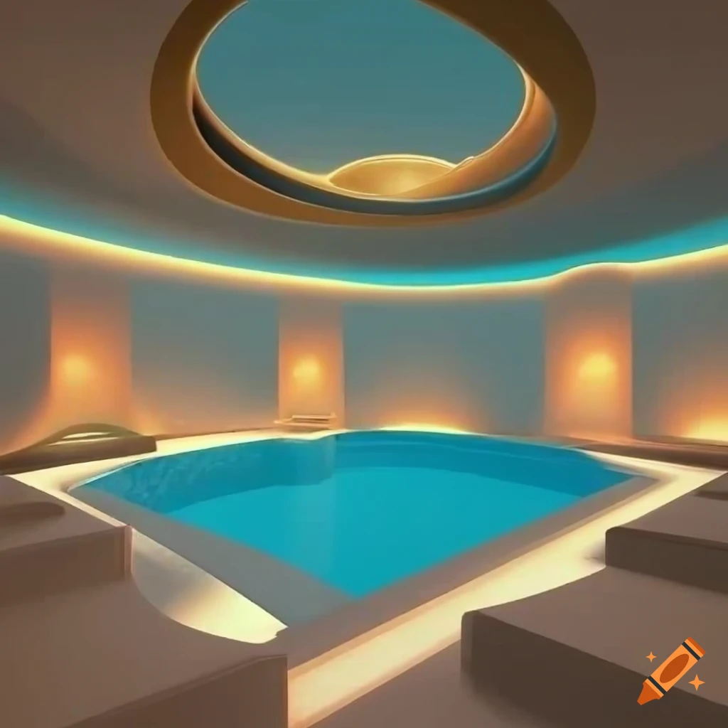 Surreal 3d rendered spa interior with waterfalls and curved forms