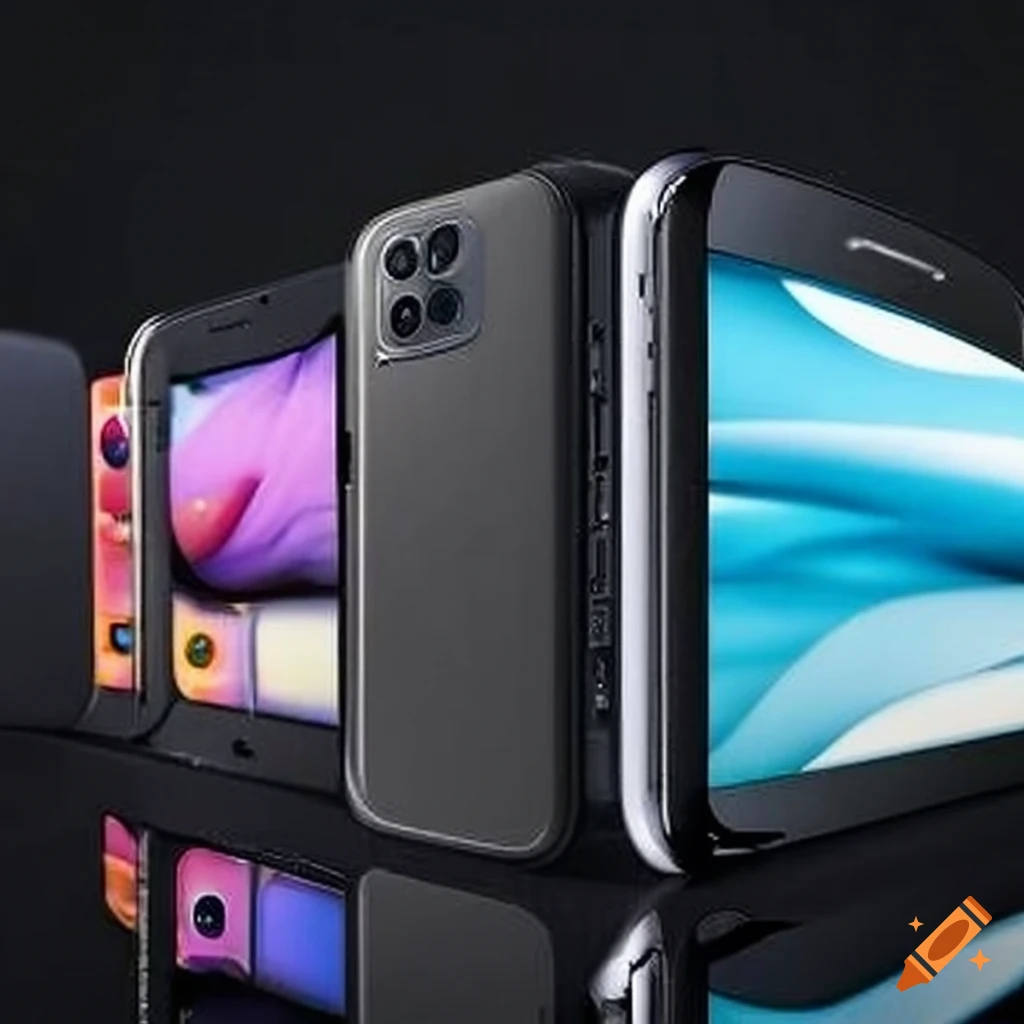 Display of latest mobile phones in a showroom on Craiyon