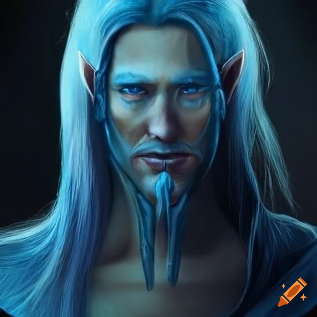 Portrait of a blue male high elf with a beard on Craiyon